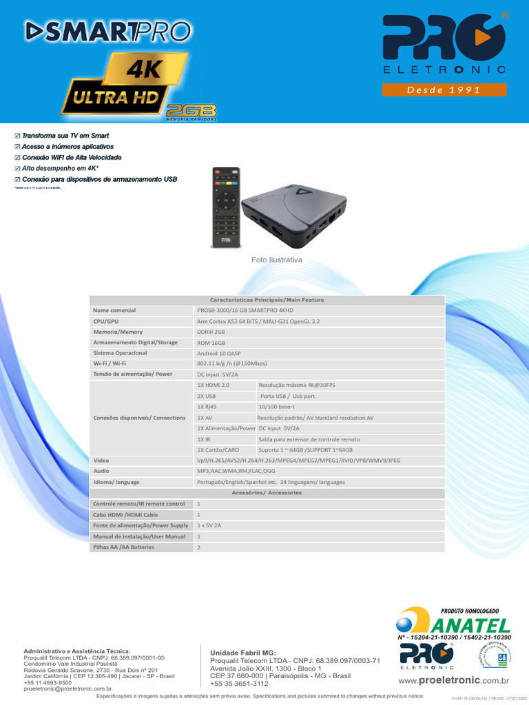 Especificacoes PROSB 3000 - 16GB - SMARTPRO 4K - REV00 | PDF | USB | Dados de computador