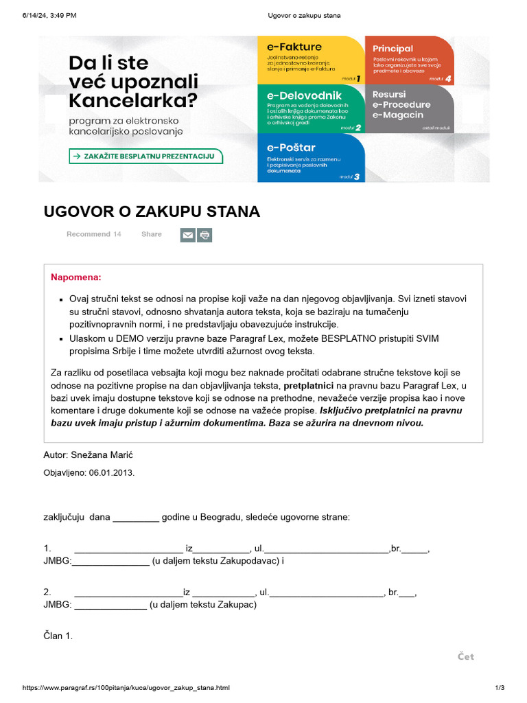 Ugovor o Zakupu Stana | PDF