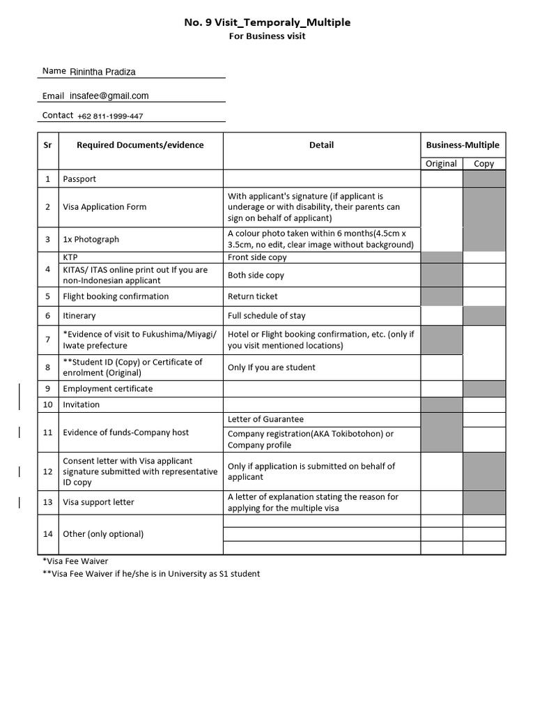 00 Checklist Form VFS - No. 9 Visit Temporary Multiple (Business Visit ...