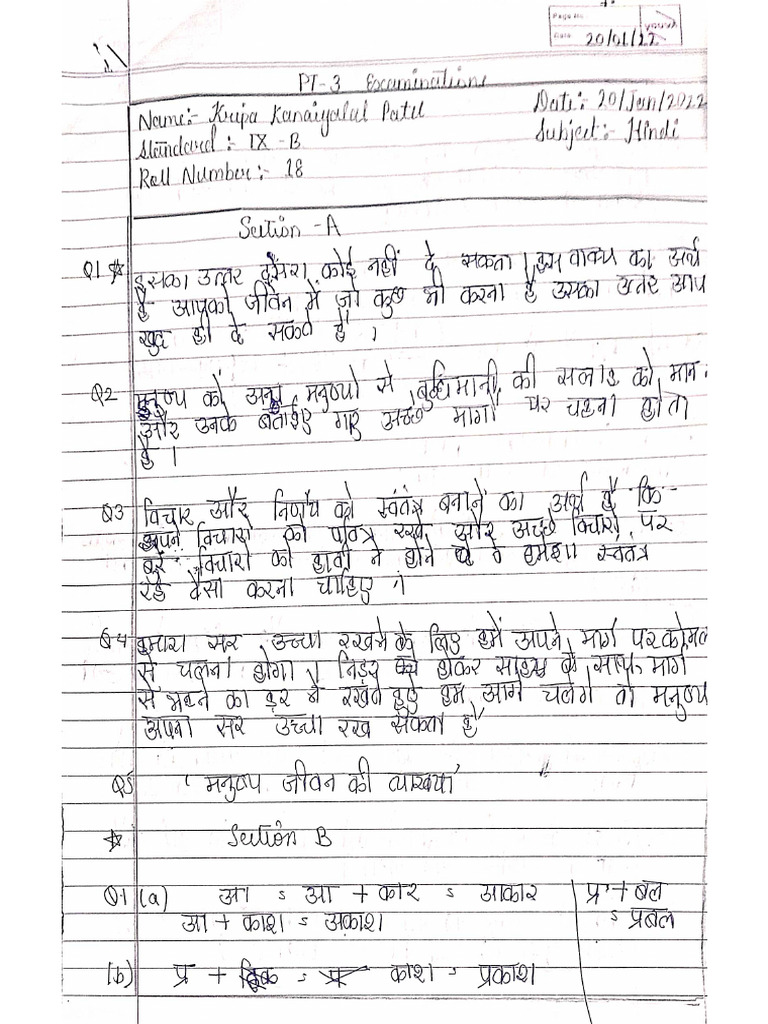 Kripa Patel 9B Roll Number-18 HINDI PT-3 EXAM PAPER | PDF