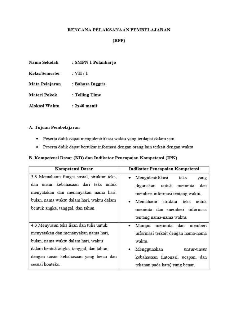 RPP Telling Time Kelas VII SMP | PDF