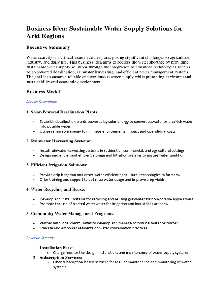 Business Idea Sustainable Water Supply Solutions for Arid Regions ...