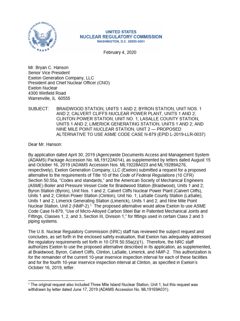 2020 Feb - NRC Letter Use of N-879 ASME Code As Alternative For ASME ...