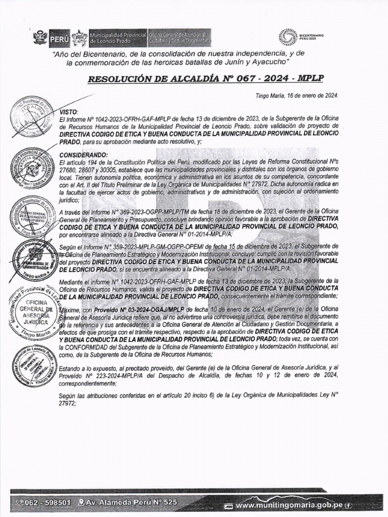 Resolucion de Alcaldia #067-2024-MPLP | PDF | Fuentes del derecho