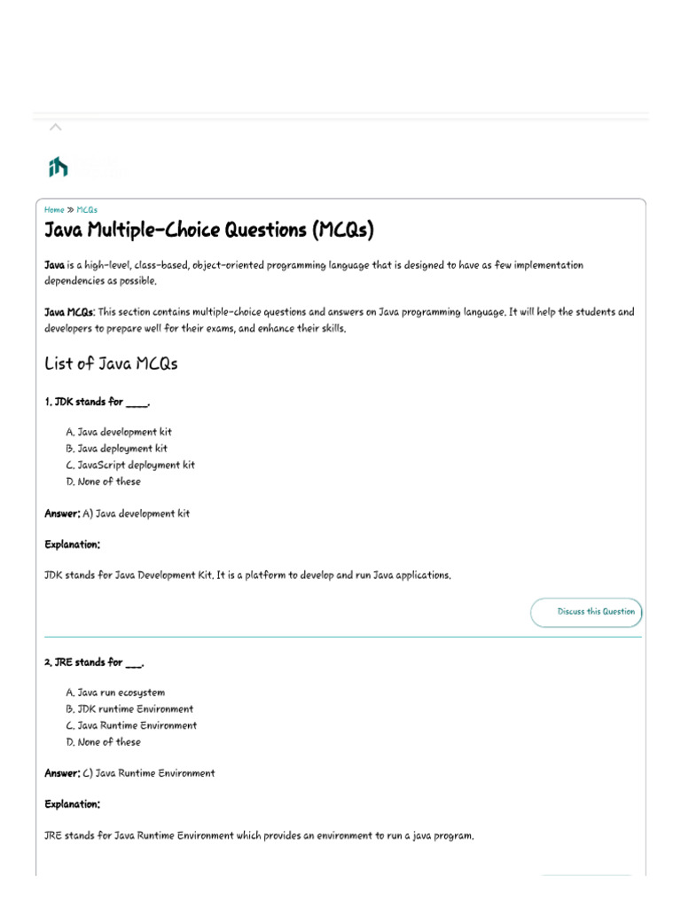 Java MCQs for Students & Developers | PDF | Java (Programming Language) | Java (Software Platform)