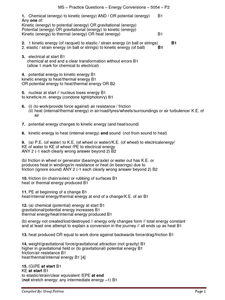 MS Physics PracticeQuestions EnergyConversions 5054 P2 | PDF ...