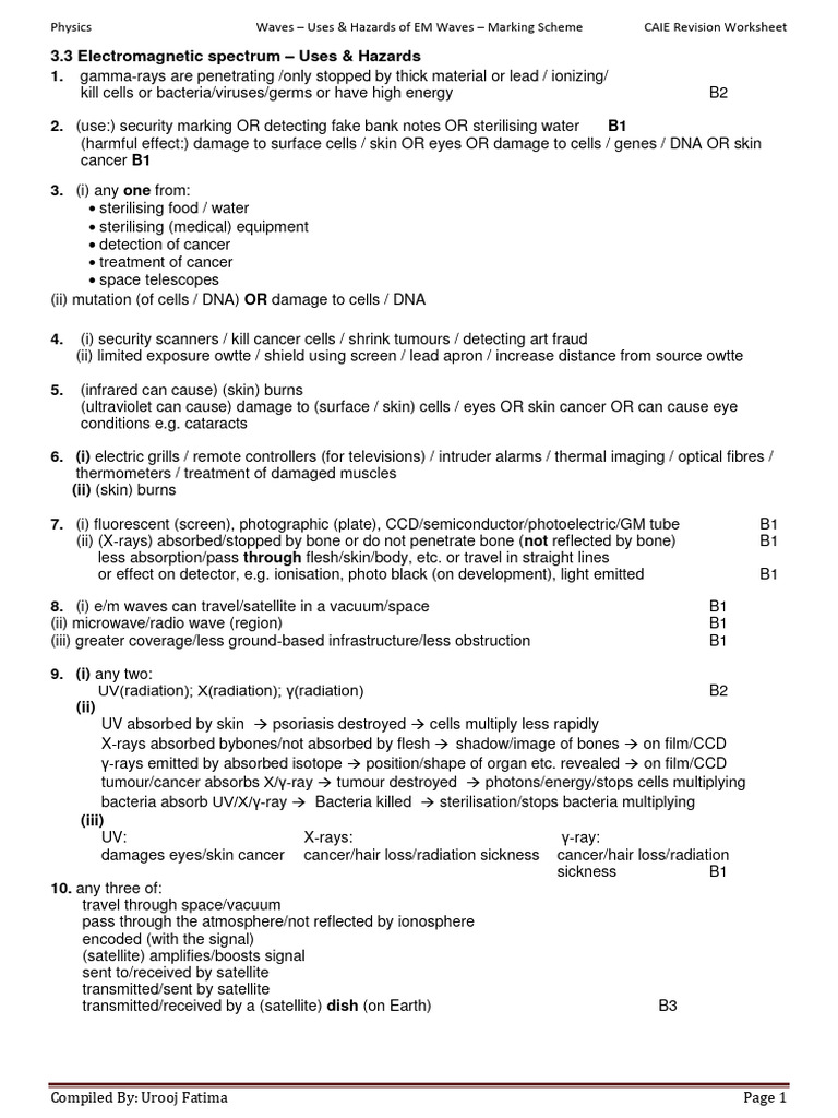 MS Physics RevisionWorksheet Uses&HazardsofEMWaves | PDF | Radiation ...