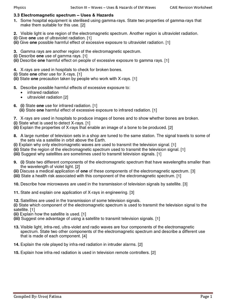 Physics RevisionWorksheet Uses&HazardsofEMWaves | PDF | Electromagnetic ...
