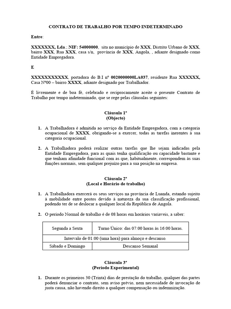 Modelo - CONTRATO DE TRABALHO POR TEMPO INDETERMINADO | PDF | Férias trabalhistas | Salário
