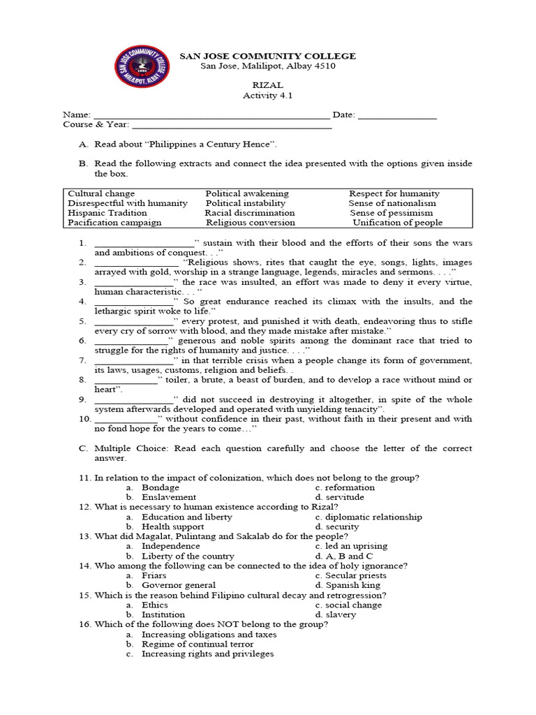 Rizal Activity 4.1 | Download Free PDF | Philippines | Liberty