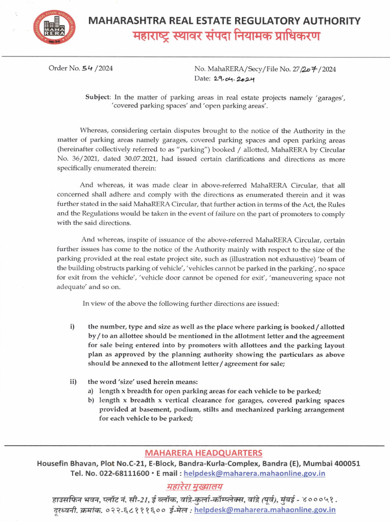 Parking Order RERA | PDF