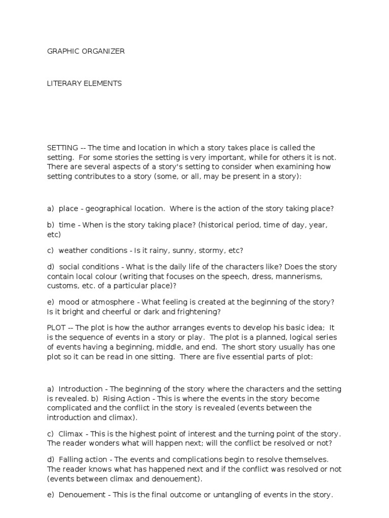 GRAPHIC ORGANIZER of Literature Elements | PDF | Plot (Narrative ...