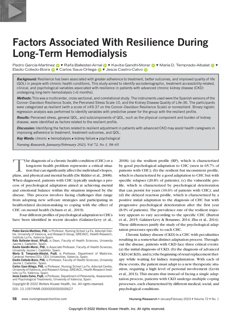 Resilience Factors in Long-Term Hemodialysis | PDF | Psychological ...