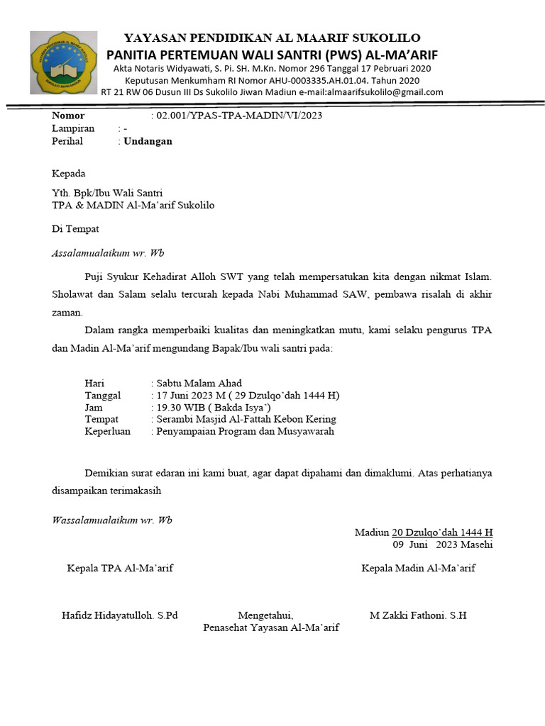 02.001 Surat Undangan Wali Santri (PWS) | PDF