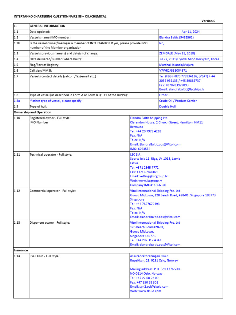 INTERCARGO Q88 Questionnaire for Elandra | PDF | Pump | Tonnage