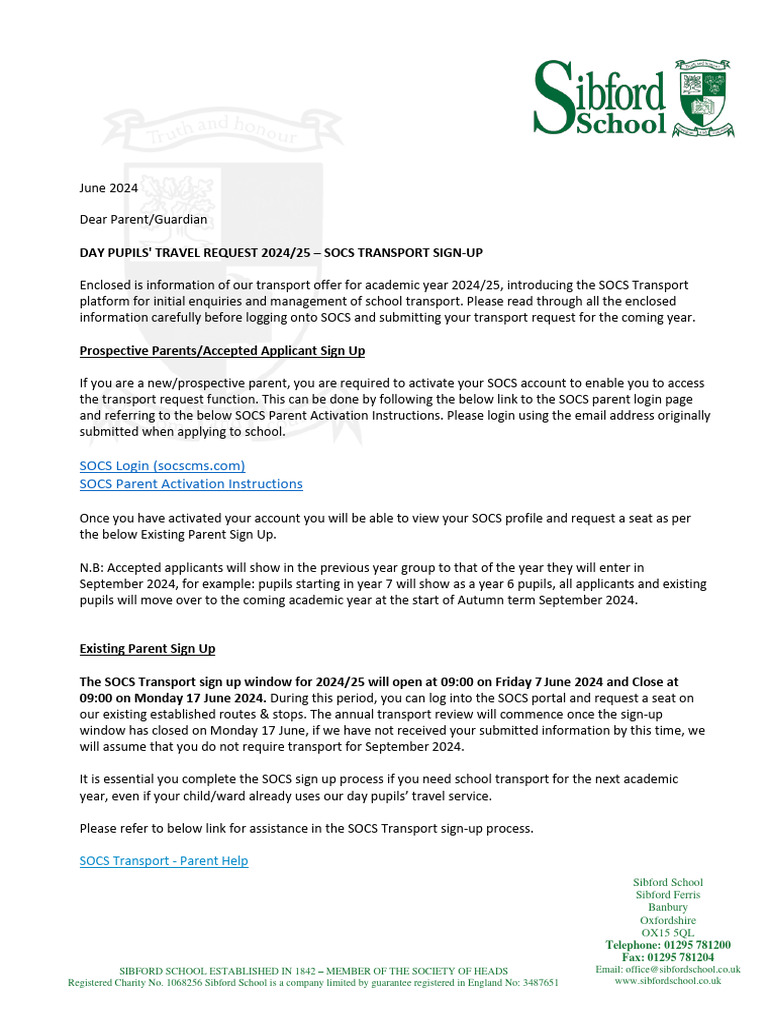 SOCS Transport 2024 25 - Parent Information Letter | PDF | Login | Bus