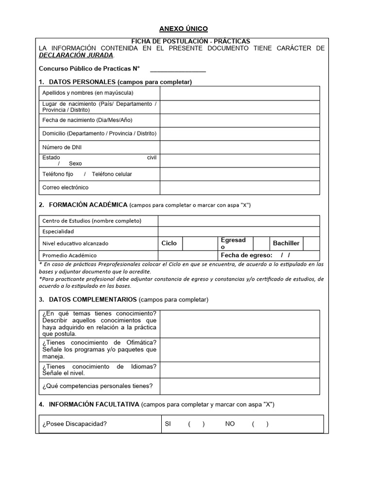 Anexo Unico-ficha de Postulación-prácticas | PDF