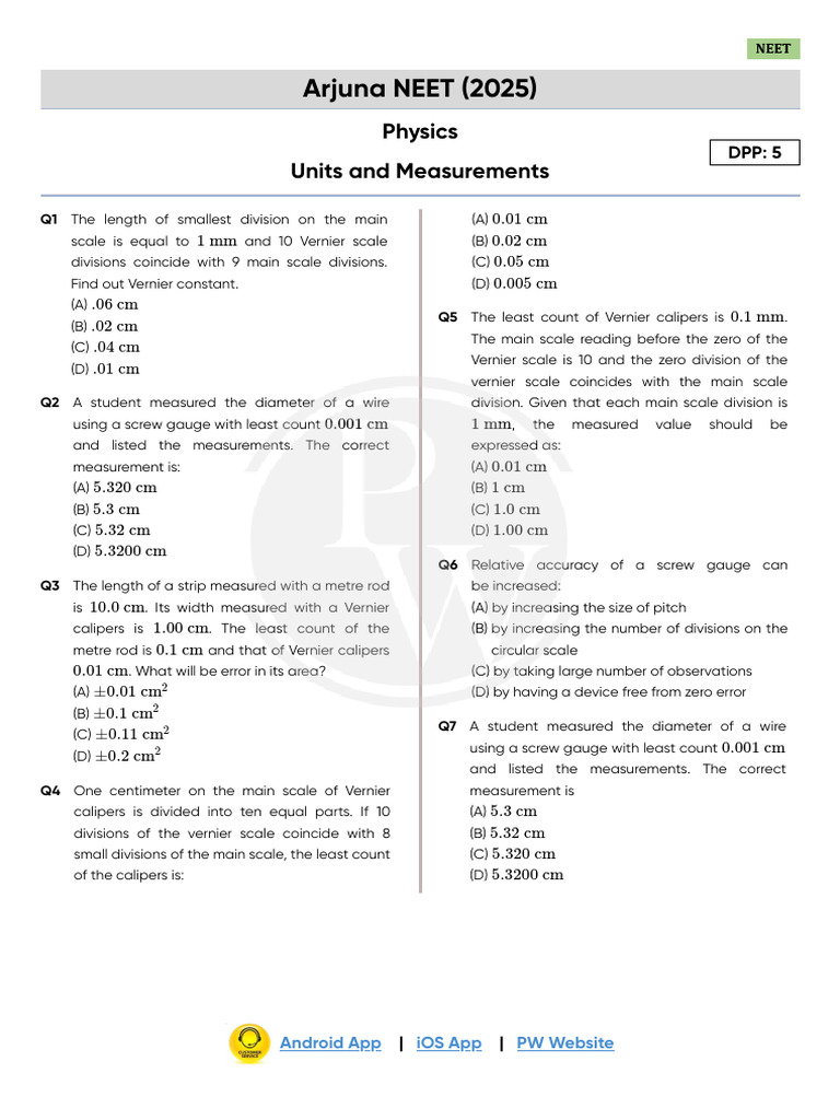 Units and Measurements - DPP 05 (Of Lecture 10) - Arjuna NEET 2025 ...