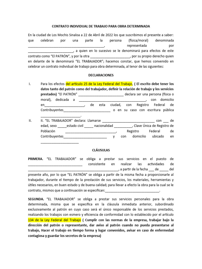 Contrato Individual de Trabajo para Obra Determinada | Descargar gratis PDF | Salario | Personal