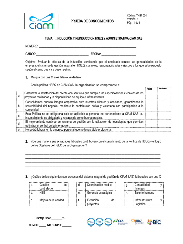 Th R 004 Induccion Hseq Pdf Seguridad Y Salud Ocupacional Residuos