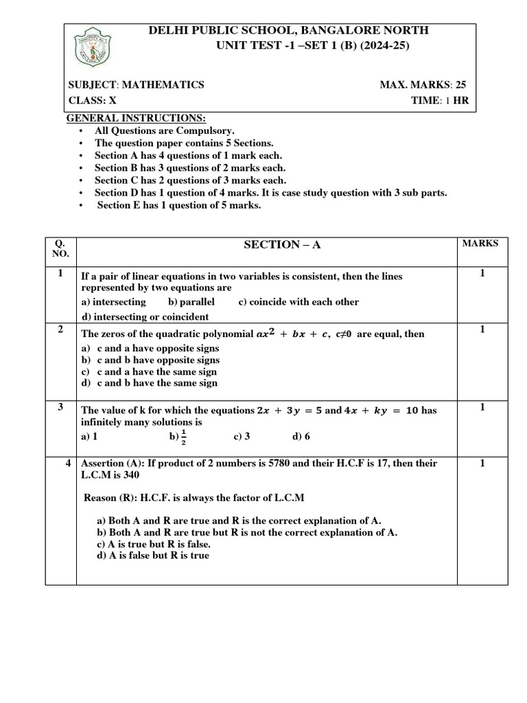 Maths Paper Class X 2024-25 DPSBN | PDF | Equations | Numbers