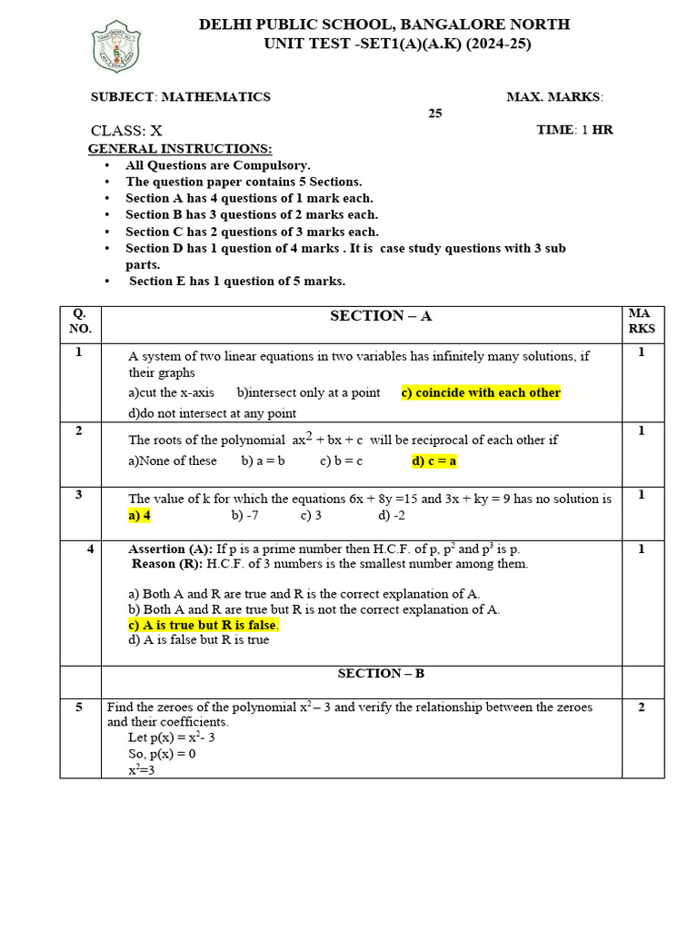 Answer Key For Maths TEST 2024-25 DPSBN | Download Free PDF ...