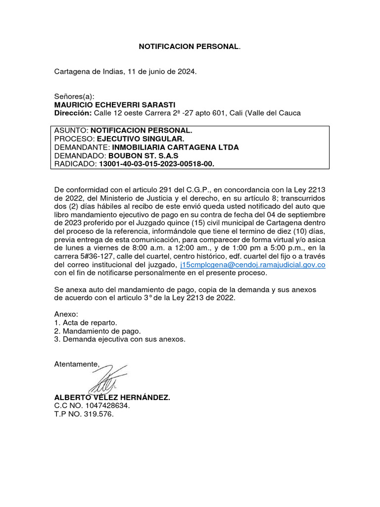NOTIFICACION PERSONAL CON SUS ANEXOS - MAURICIO ECHEVERRI SARASTI ...