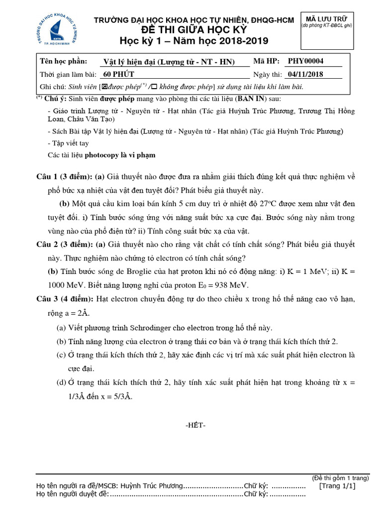 ĐỀ THI GK - HK1 - 2018 - 2019 | PDF