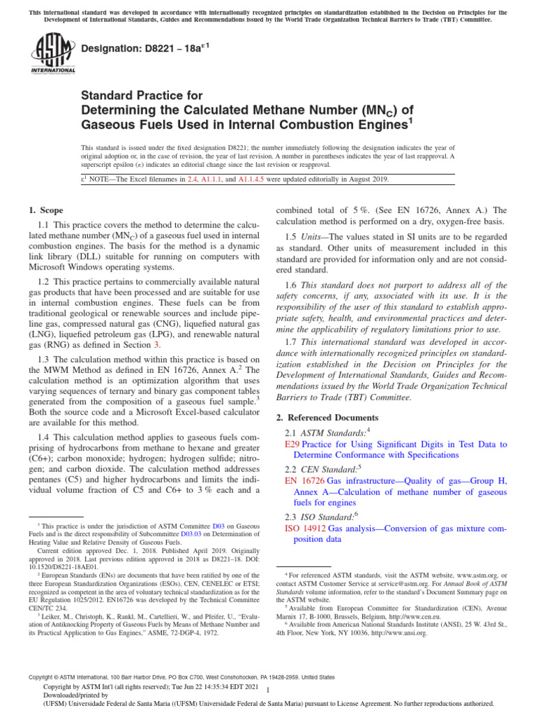 D8221 Determining The Calculated Methane Number Gaseous Fuels Used in ...