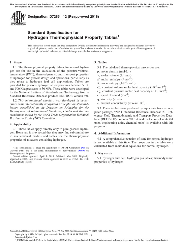 D7265 Standard Specification for Hydrogen Thermophysical Property Tables1 | PDF | Thermodynamics ...