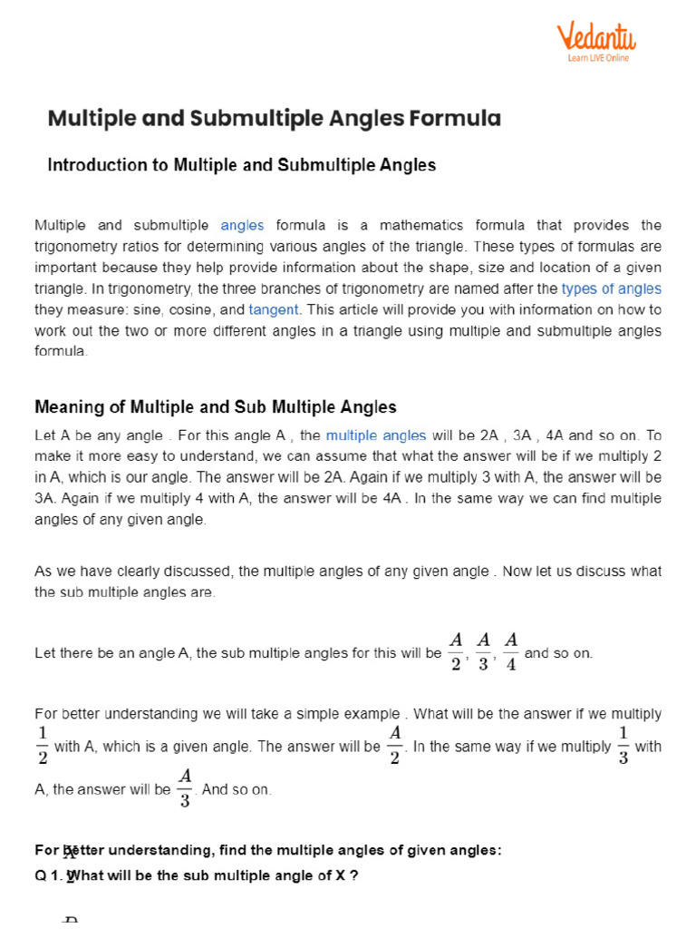 Multiple and Submultiple Angles Formula | PDF