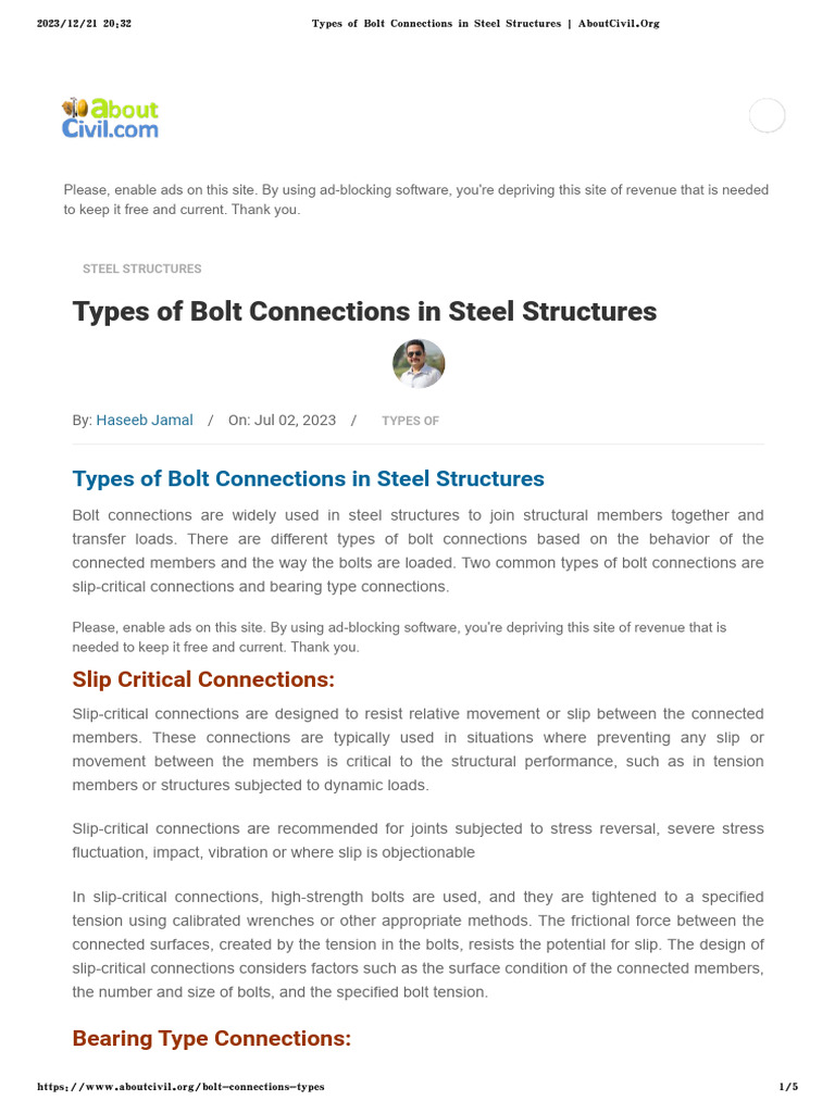Types of Bolt Connections in Steel Structures | Download Free PDF ...