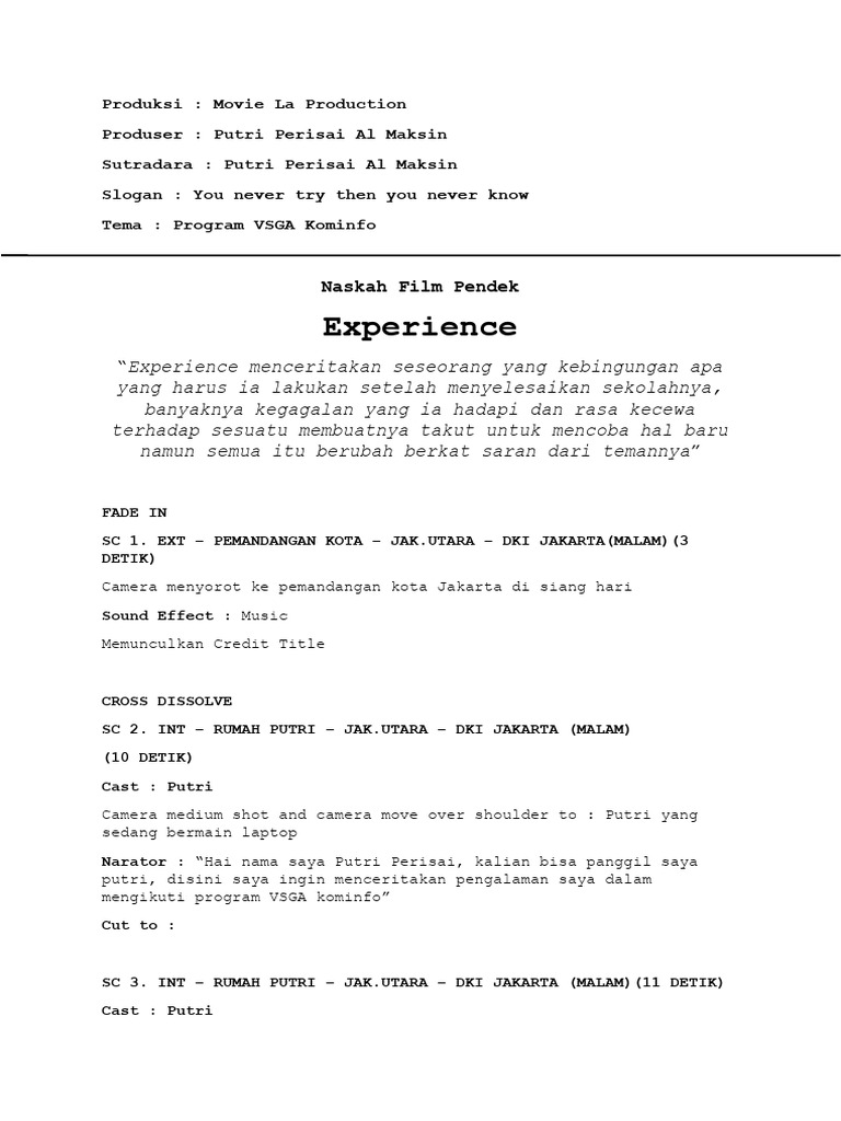 Naskah Film Pendek (Experience) | PDF | Karier & Perkembangan | Game & Aktivitas