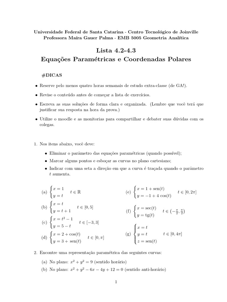 GA-Lista 4.2-4.3 Eqs Paramétricas e Coord Polares | PDF | Objetos matemáticos | Conceitos ...