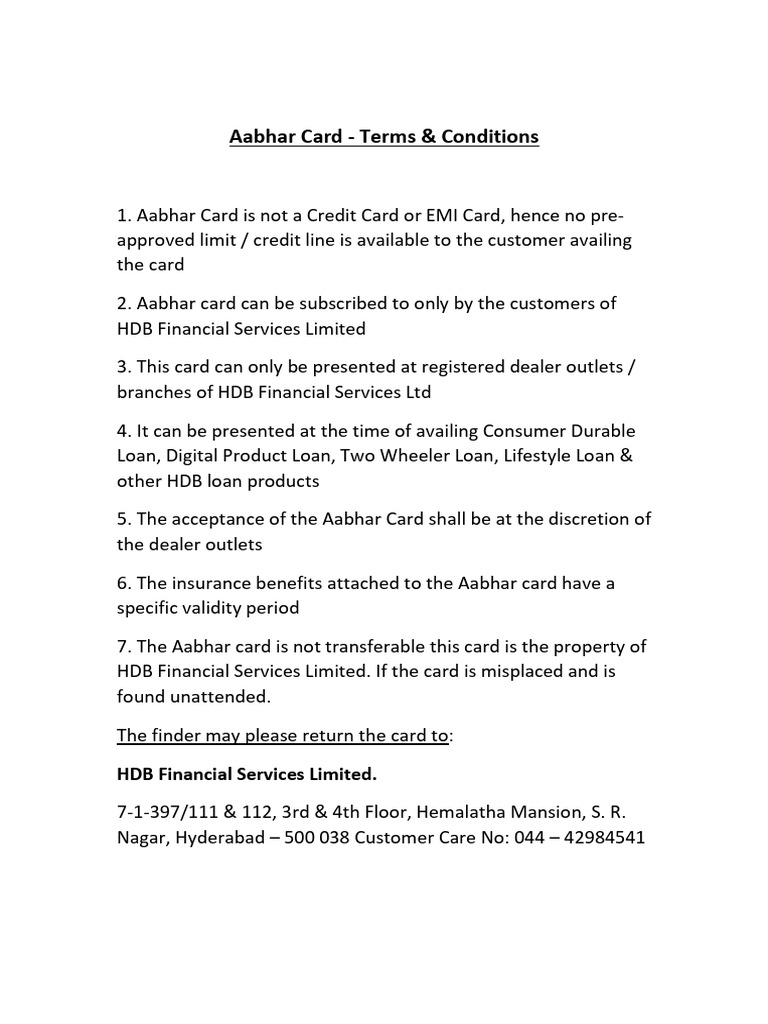 Aabhar Card Terms & Conditions | PDF