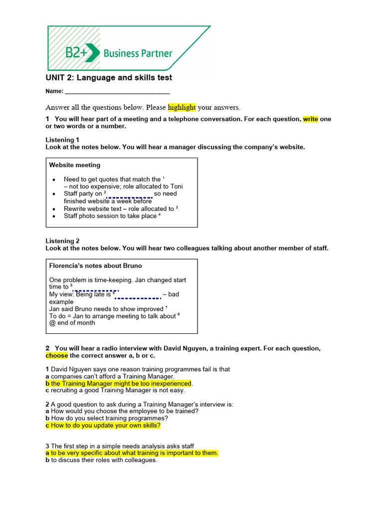 Business Partner B2 Test Unit 2 1 | Download Free PDF | Employment