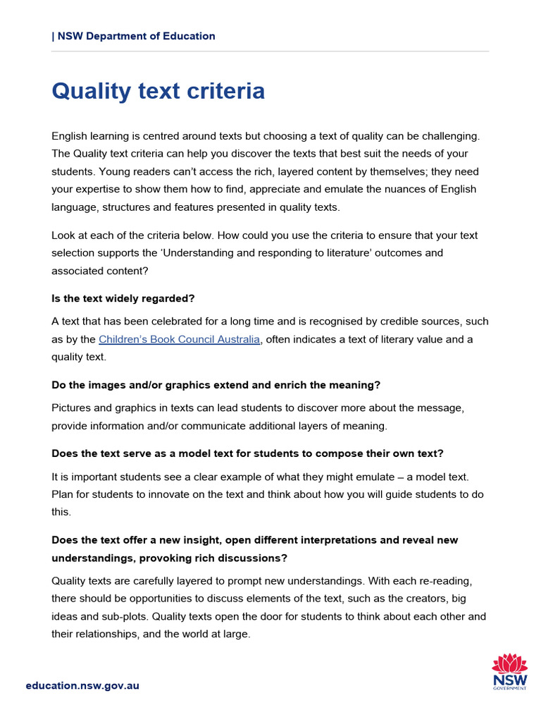 English Quality Text Criteria | PDF | Reading Comprehension | Cognition