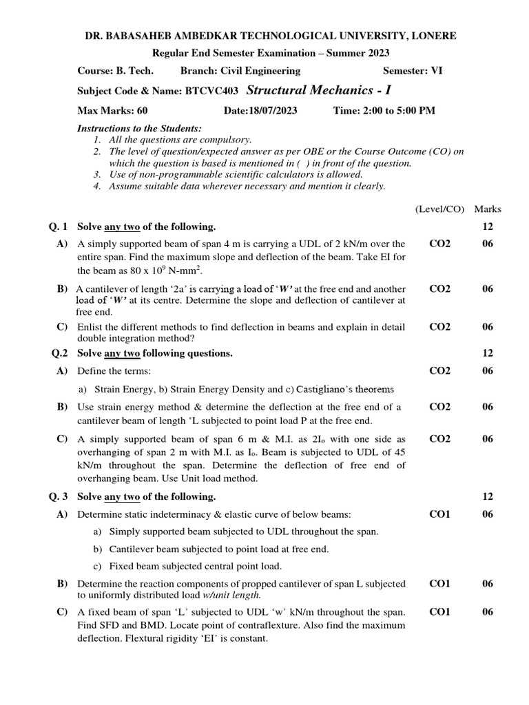 Civil Engg: Structural Mechanics Exam | PDF | Beam (Structure) | Stiffness