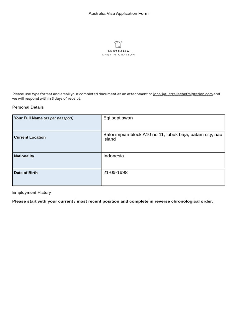 Visa Application Form | PDF | Chef | Foods