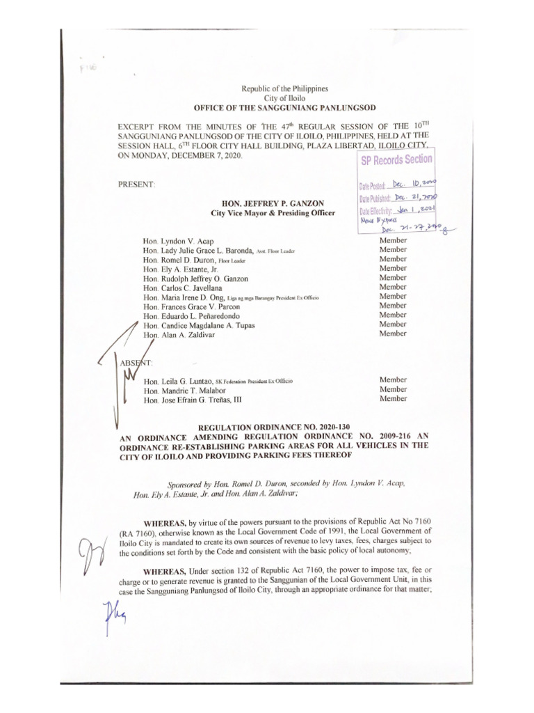 2020-130 Amending Regulation Ordinance No. 2009-216 Re-Establishing Parking Areas Vehicles ...