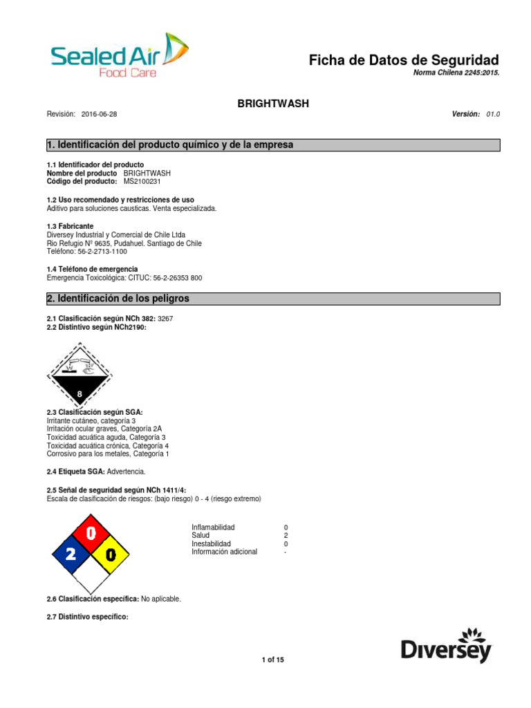 Ejemplo HDS Brightwash - MSDS - Chile Modelo | PDF | Agua | Higiene Ocupacional
