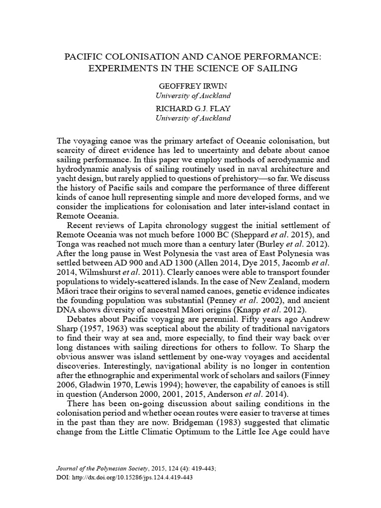 Canoe Performance in Pacific Colonisation | PDF | Sail | Polynesia