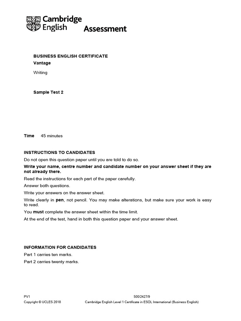 Business Vantage Writing Sample Paper 2 - Full Test | PDF