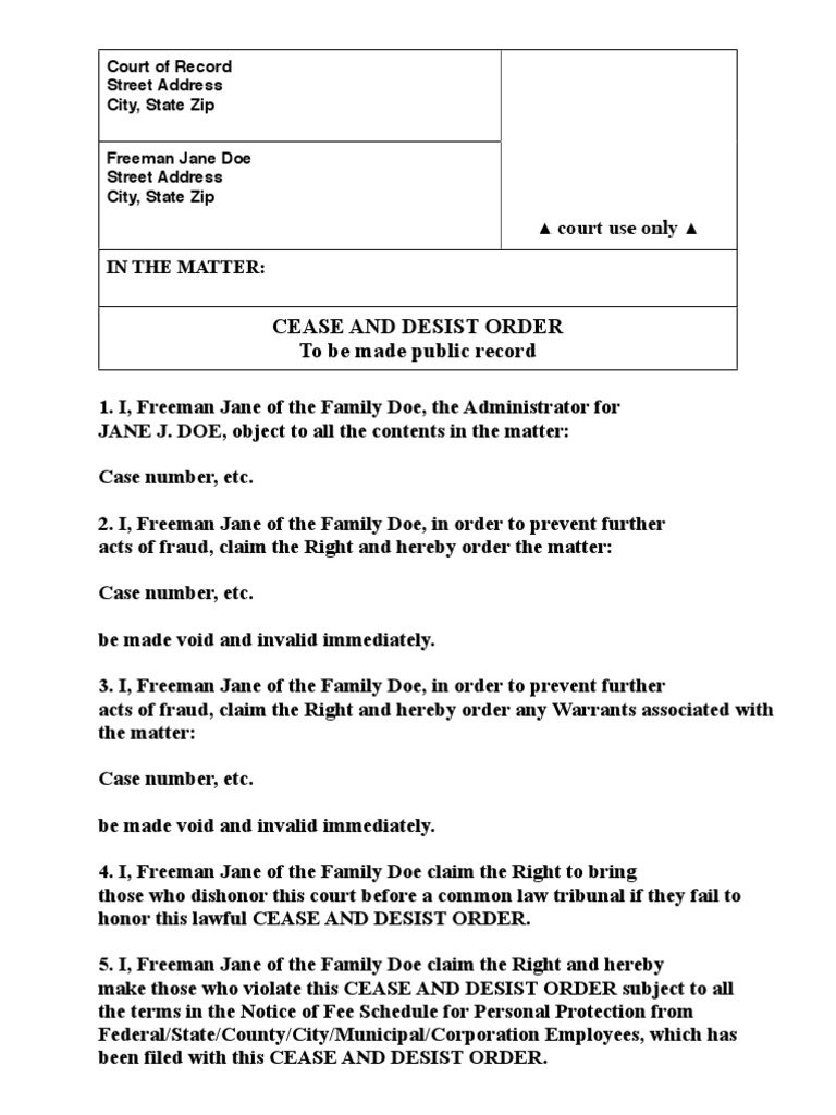 Generic Cease and Desist Order Use With Fee Schedule | PDF
