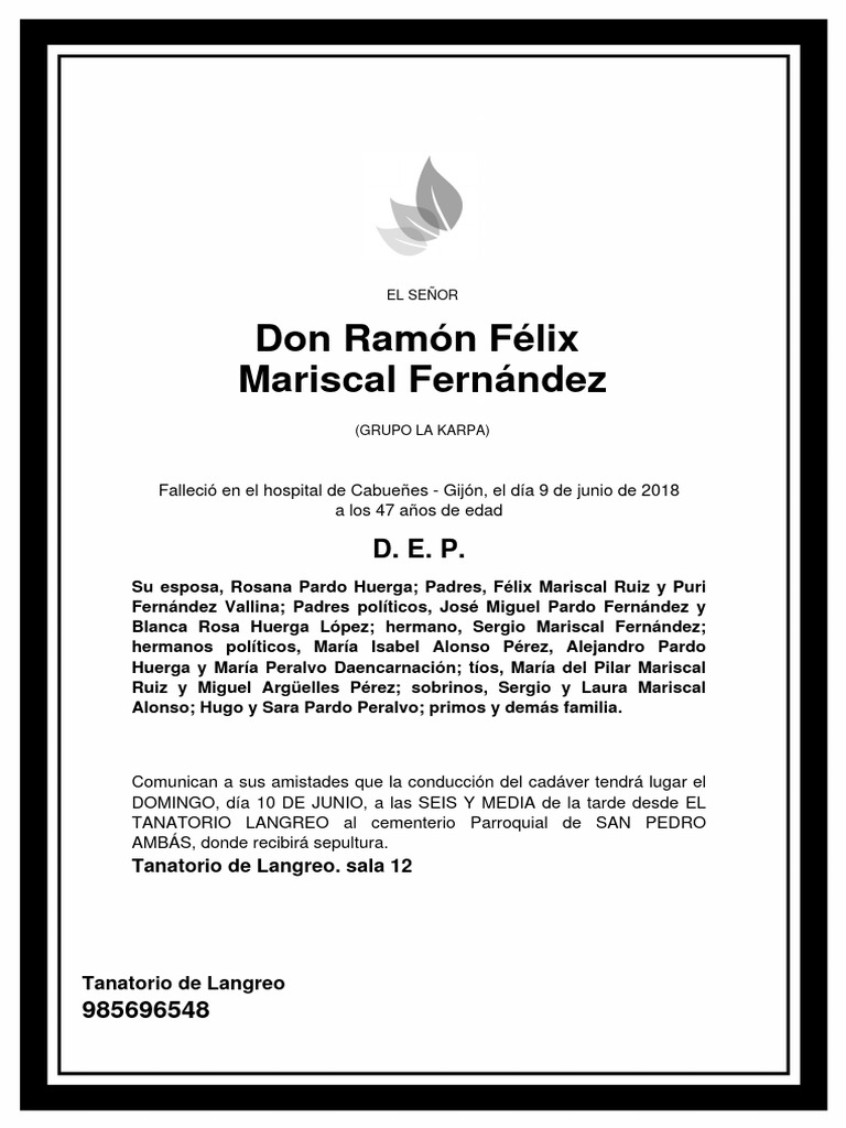 Esquela Don Ramon Felix Mariscal Fernandez | PDF