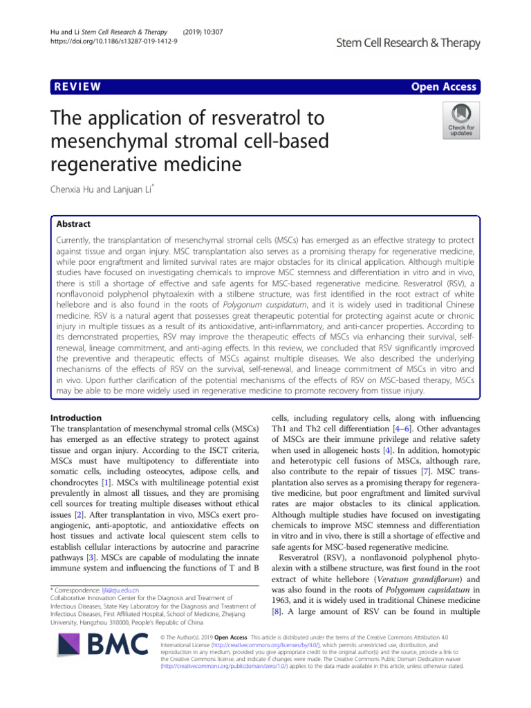 The Application of Resveratrol To Mesenchymal Stromal Cell-Based Regenerative Medicine | PDF ...