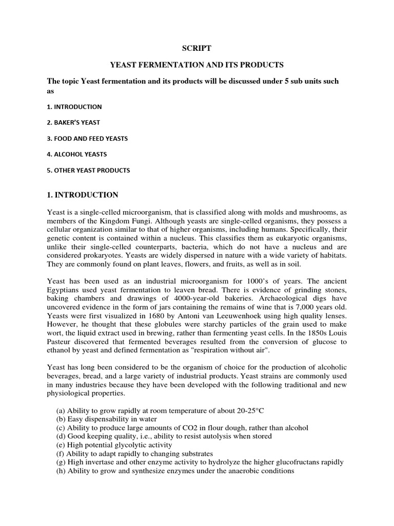 Script Yeast Fermentation and Its Products The Topic Yeast Fermentation ...