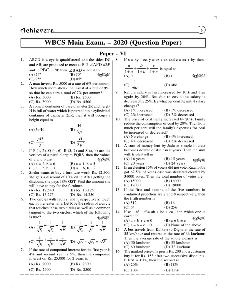 WBCS Main Exam 2020: Paper VI | PDF | Elementary Geometry | Euclidean ...