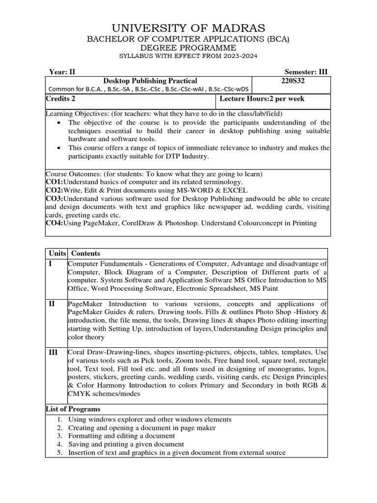 University of Madras: Bachelor of Computer Applications (Bca) Degree Programme | PDF | Computing ...