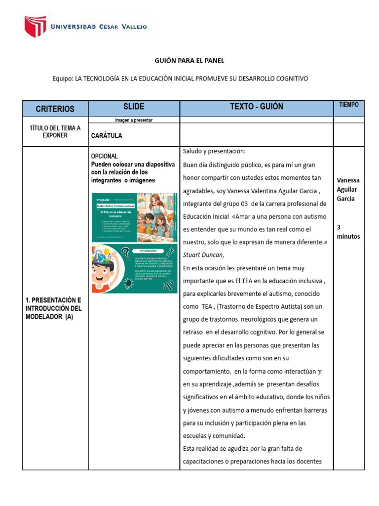 Guion para El Panel | PDF | Espectro autista | Conceptos psicologicos